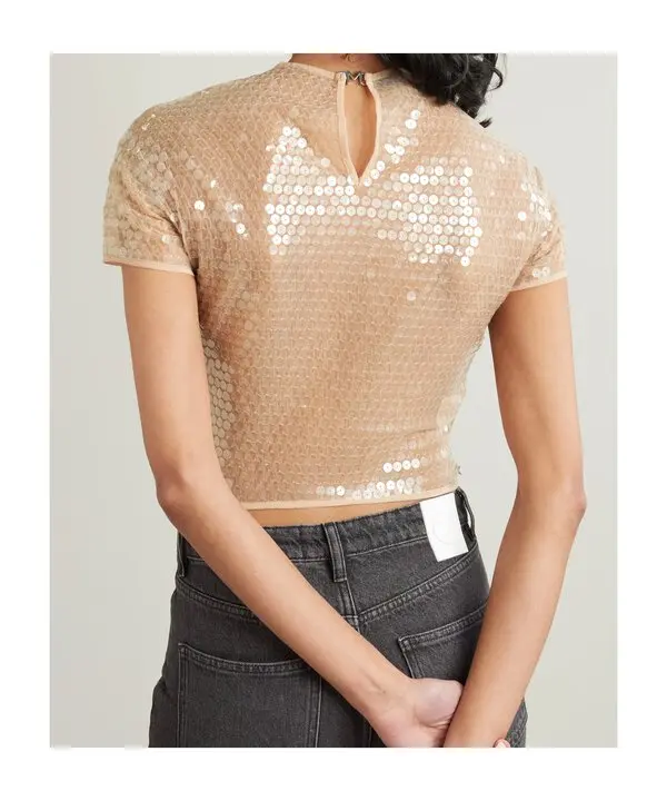 MUGLER Cropped Sequin Top - Tan