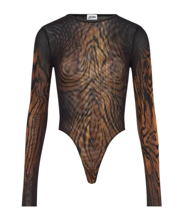 JEAN PAUL GAULTIER Wood Mesh Long Sleeve Bodysuit - Black