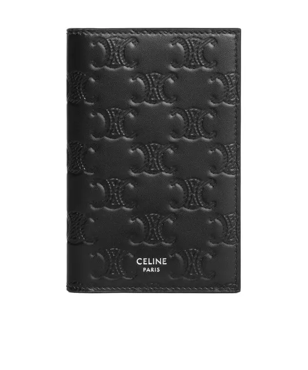 Celine Vertical Card Holder In Calfskin With Triomphe Embossed - Black