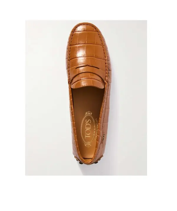 TOD'S Round Toe Embossed Loafers - Tan