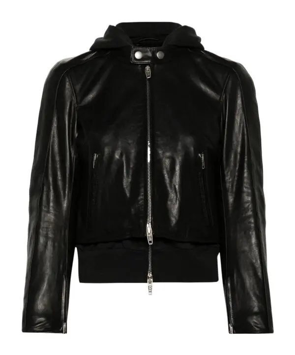 Balenciaga Layered Detail Leather Hooded Jacket