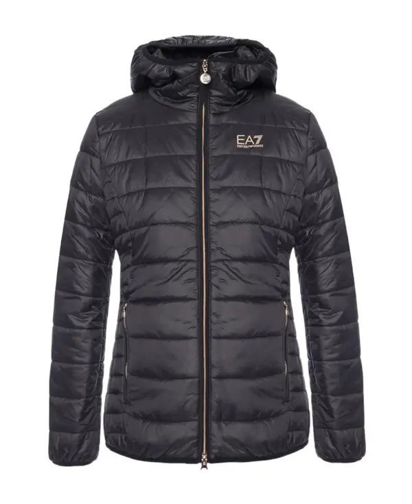 EA7 Quilted Hooded Jacket With Graphic Print - Black