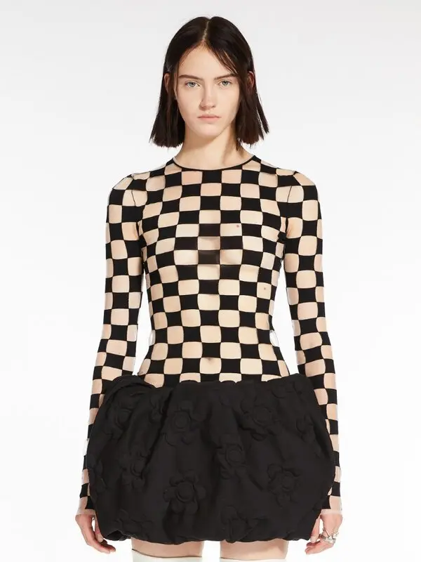 Sportmax Checkerboard-print Sheer Long-sleeve Top