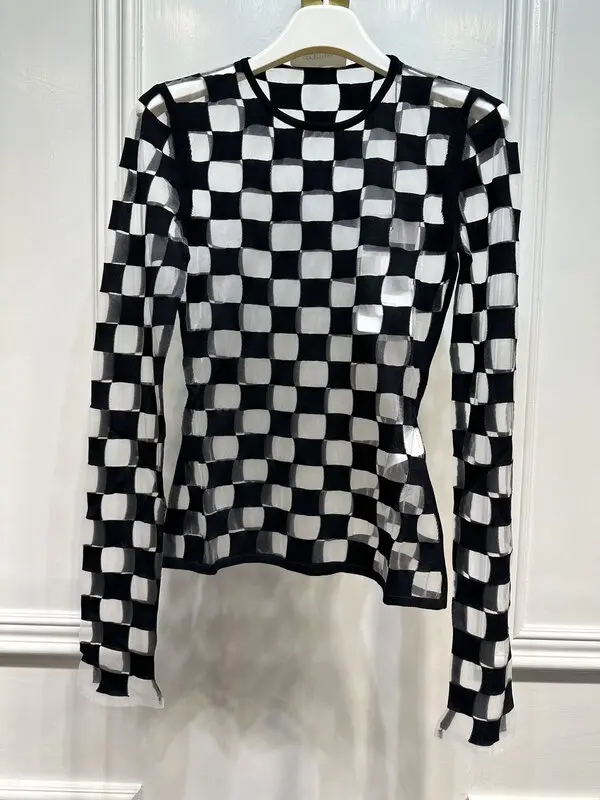 Sportmax Checkerboard-print Sheer Long-sleeve Top