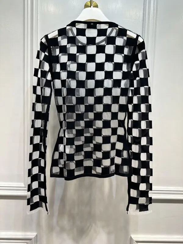 Sportmax Checkerboard-print Sheer Long-sleeve Top
