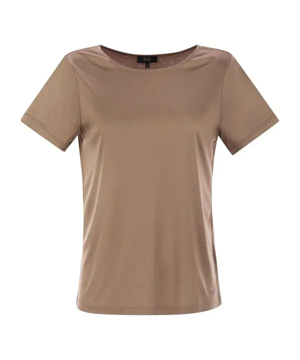 FAY Boat Neck Jersey Top With Short Sleeves And Logo Detail - Brown