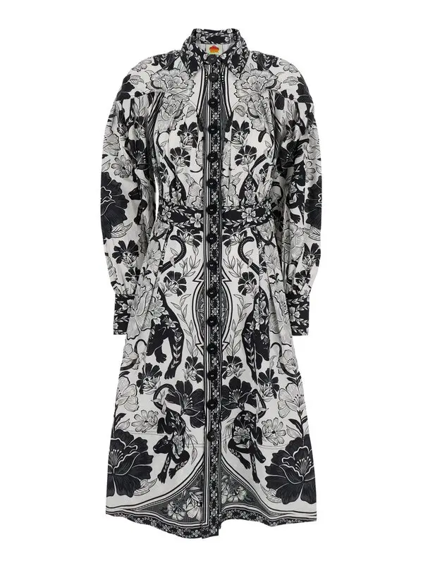 Farm Rio Graphic Floral Print Long Sleeve Shirt Dress - Black