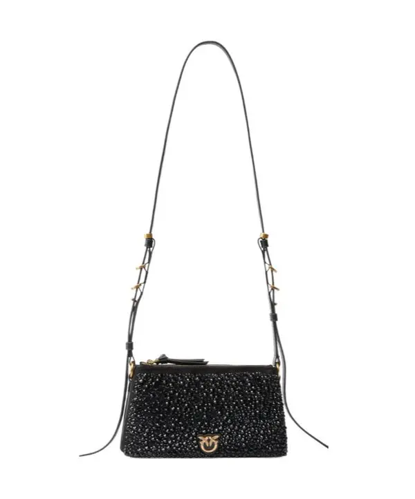 Pinko Mini Double Bag Fully Embellished Shoulder Bag - Black