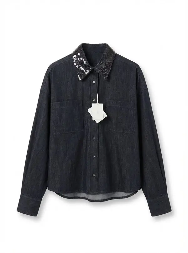 Brunello Cucinelli Sequin Embellished Collar Shirt - Black