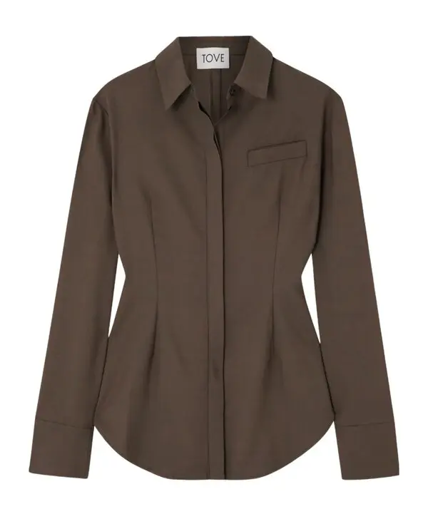 Tove Long Sleeve Shirt With Classic Collar And Curved Hem - Brown