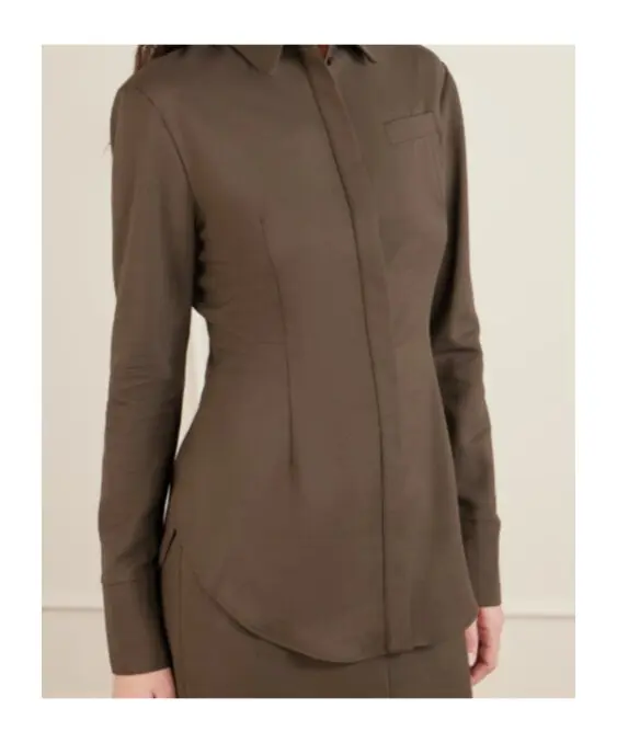 Tove Long Sleeve Shirt With Classic Collar And Curved Hem - Brown