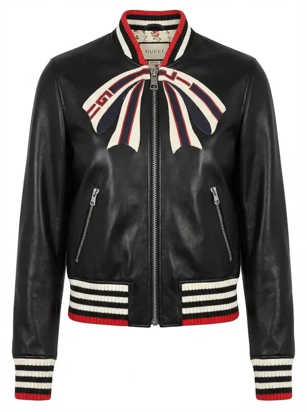 Gucci Bow Zipper Leather Bomber Jacket