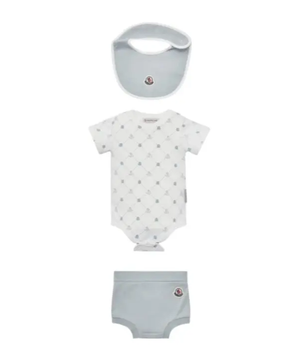 Moncler Logo Print Bodysuit, Shorts, And Bib Set - Blue/white