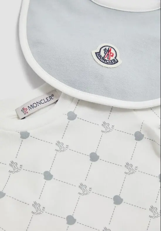 Moncler Logo Print Bodysuit, Shorts, And Bib Set
