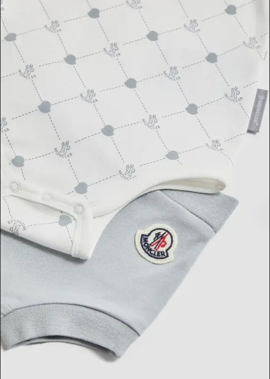 Moncler Logo Print Bodysuit, Shorts, And Bib Set