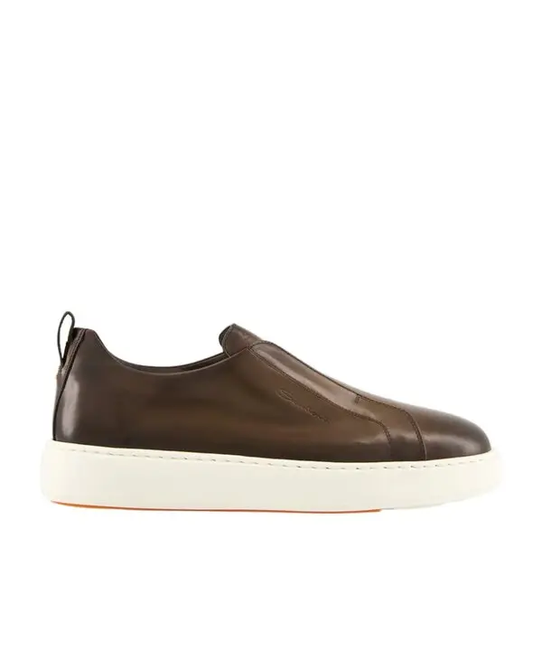 Santoni Round Toe Leather Sneakers - Dark Brown