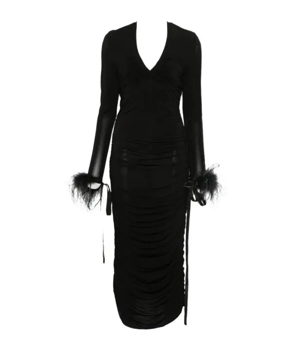 Pinko Feather-trim V-neck Midi Dress - Black