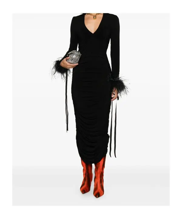 Pinko V-neck Long Sleeve Gathered Midi Dress With Feather Accents