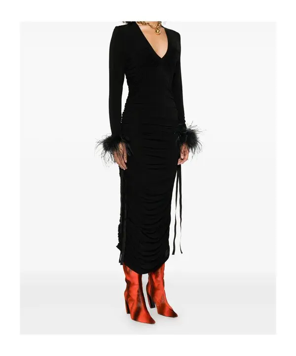 Pinko V-neck Long Sleeve Gathered Midi Dress With Feather Accents