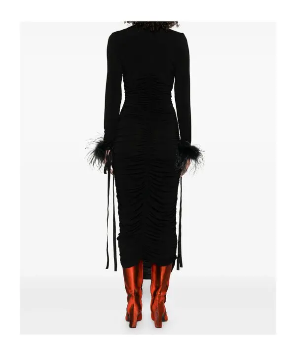 Pinko V-neck Long Sleeve Gathered Midi Dress With Feather Accents