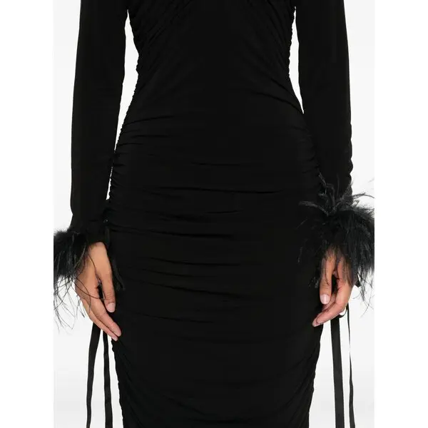 Pinko V-neck Long Sleeve Gathered Midi Dress With Feather Accents