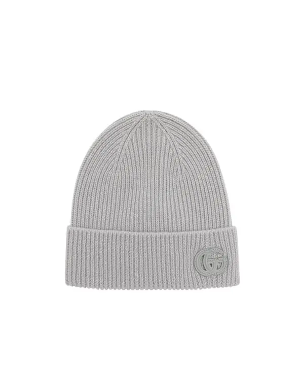 Gucci Cashmere Ribbed Beanie With Gg Patches - Grey