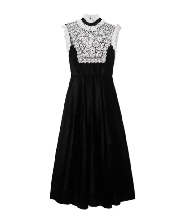 RODARTE Lace-trimmed Velvet Midi Dress - Black