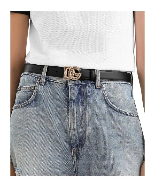 Dolce & Gabbana Embellished Logo Buckle Belt - Black