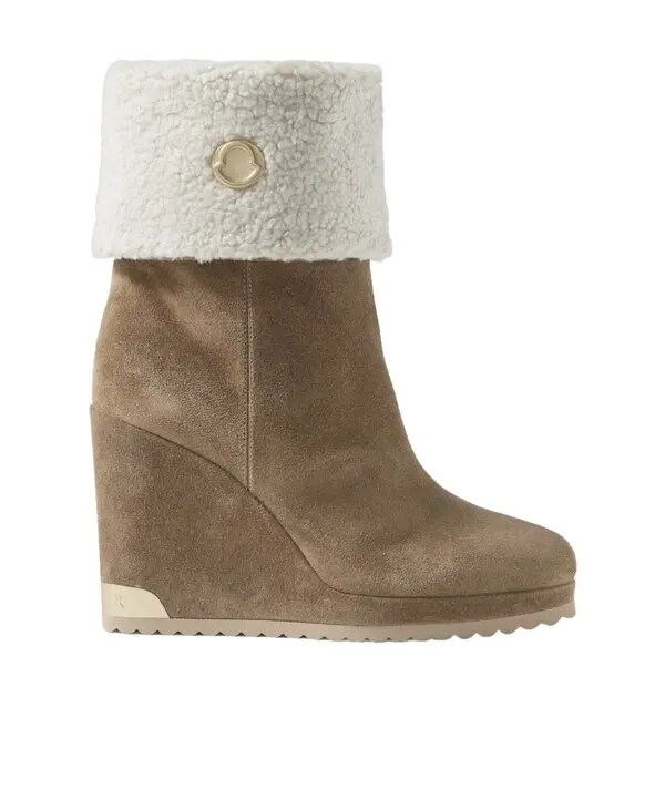 Moncler Shearling Lined Suede Wedge Ankle Boots - Tan Brown