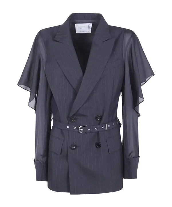 Sacai Double-breasted Striped Belted Jacket