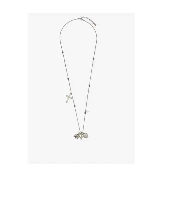 Saint Laurent Long Multi-charm Necklace In Metal, Onyx And Mother Of Pearl - Gray