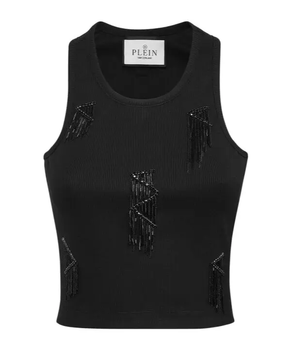 Philipp Plein Fringed Embellished Rib Knit Tank Top - Black