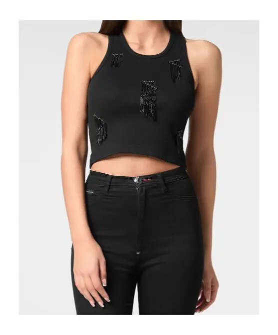 Philipp Plein Fringed Embellished Rib Knit Tank Top - Black