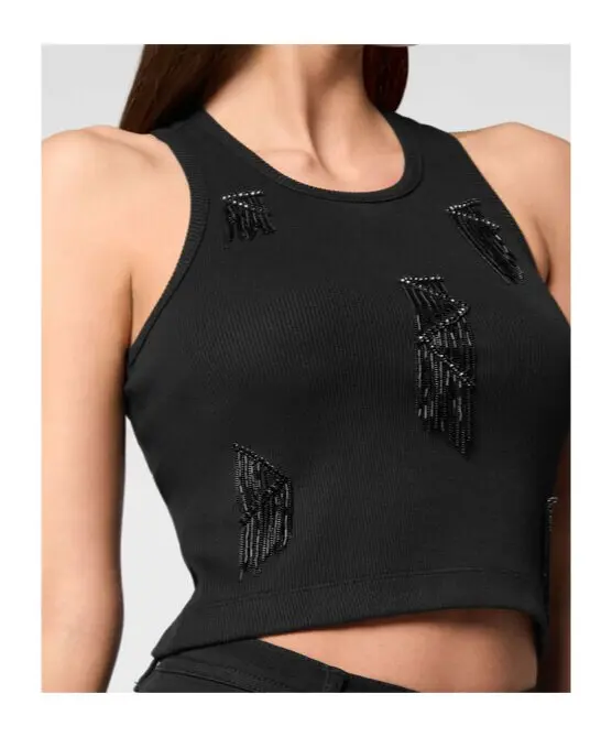 Philipp Plein Fringed Embellished Rib Knit Tank Top - Black
