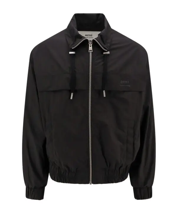 Ami Zip-up Lightweight Jacket With Logo Detailing - Black