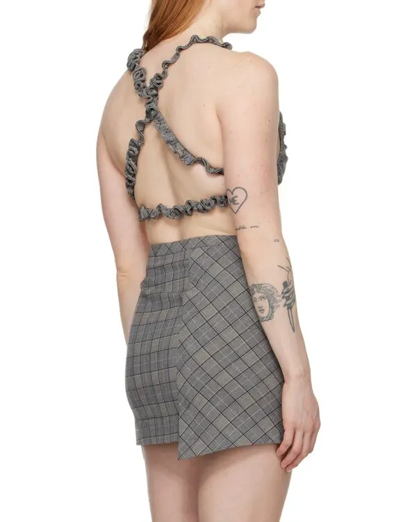 GANNI Checked Wool Ruffled Top