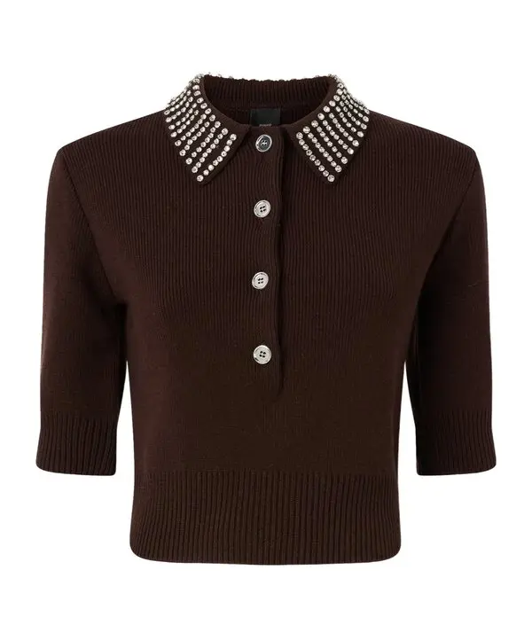 Pinko Collared Embellished Short-sleeve Knit Polo Shirt - Black