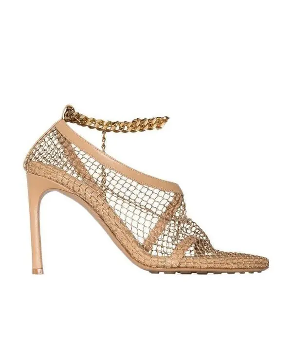 Bottega Veneta Mesh Pumps With Gold Chain Ankle Strap - Nude