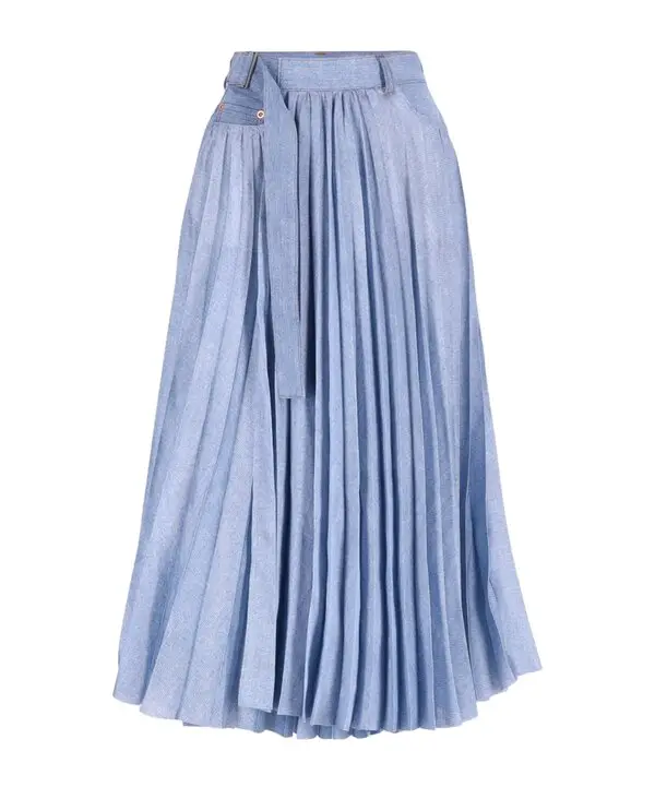 Sacai Pleated Belted Denim Midi Skirt