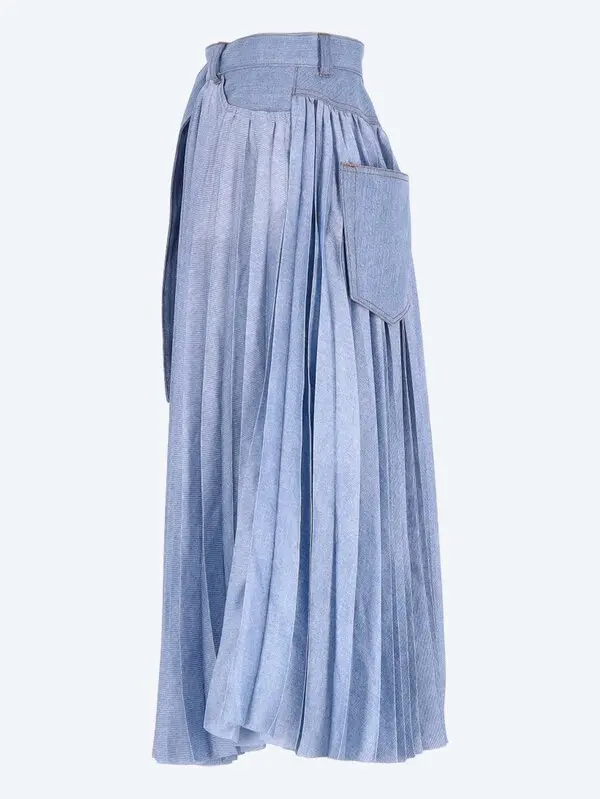 Sacai Pleated Belted Denim Midi Skirt