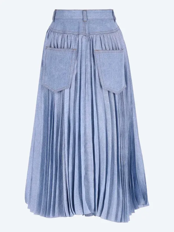 Sacai Pleated Belted Denim Midi Skirt