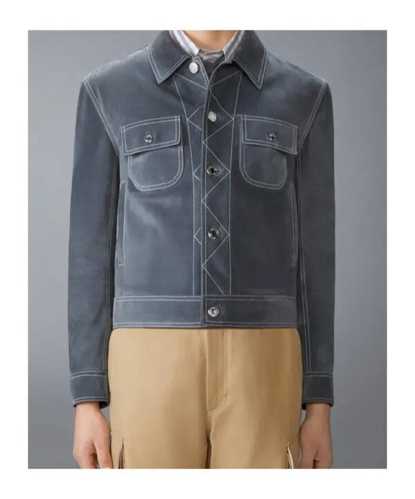 Thom Browne Grey Suede Backstrap Jacket With Signature Grosgrain Loop - Gray