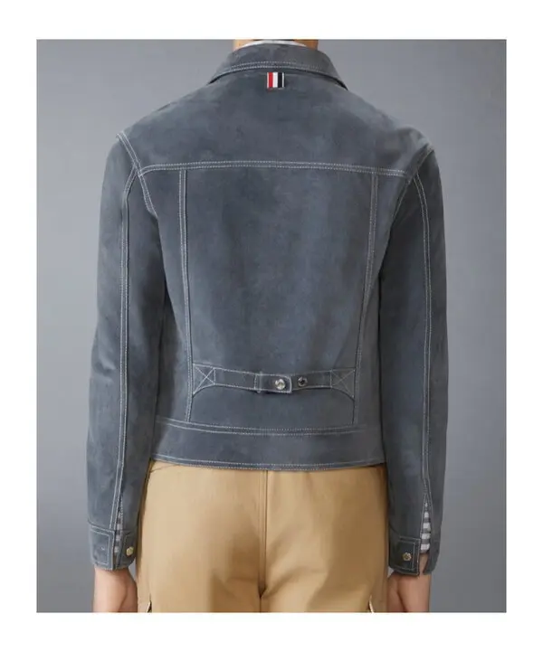 Thom Browne Grey Suede Backstrap Jacket With Signature Grosgrain Loop - Gray