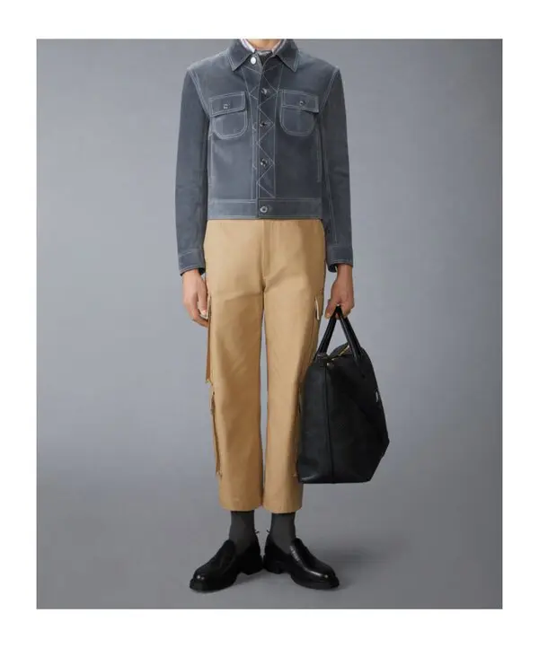 Thom Browne Grey Suede Backstrap Jacket With Signature Grosgrain Loop - Gray
