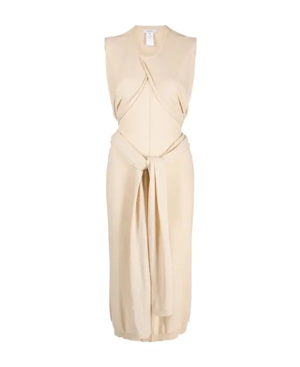 LEMAIRE Sleeveless Round Neck Tie Waist Cotton Dress - Nude