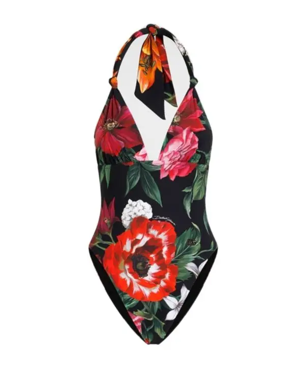 Dolce & Gabbana Floral Print Halterneck Swimsuit - Black