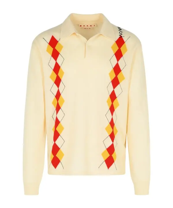 Marni Argyle Knit Polo Sweater - Ivory