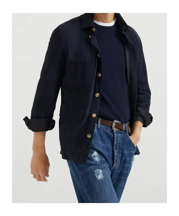 Brunello Cucinelli Unlined Safari Jacket With Horn Buckles - Navy Blue