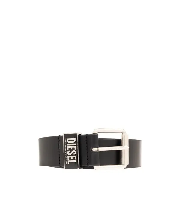 DIESEL® Logo Plaque Leather Belt - Black