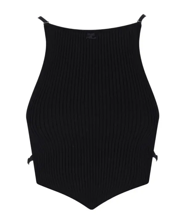 COURREGES Embroidered Ribbed Cropped Top - Black